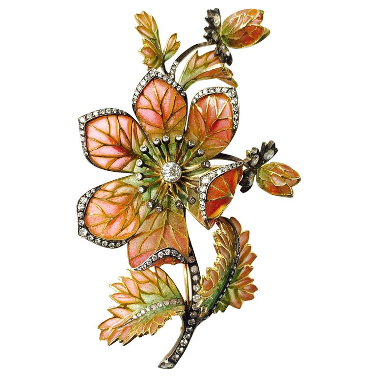 Plique- A-Jour Diamond and Enamel Brooch in 18 Karat Gold and Silver ...