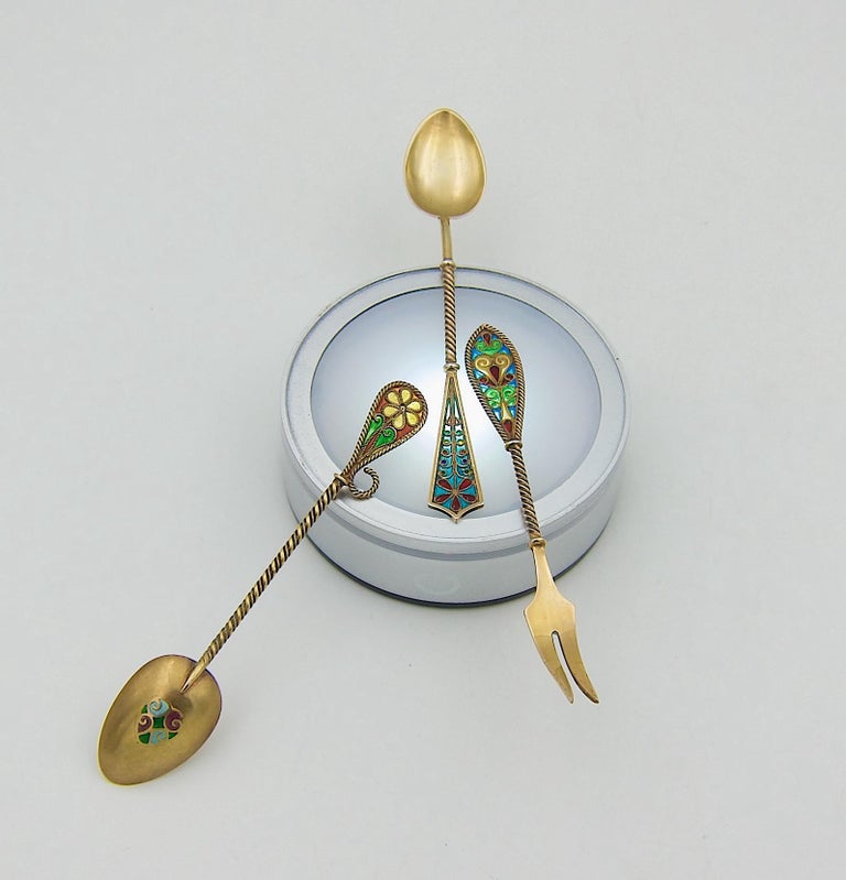 Silver Gilt Plique a Jour Enamel Spoons and Fork by Tostrup and ...