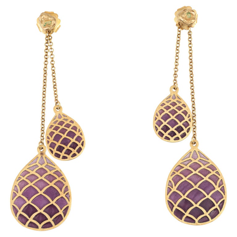 Plique a Jour Enamel Earrings Estate 18k Yellow Gold Drops Fine Jewelry ...