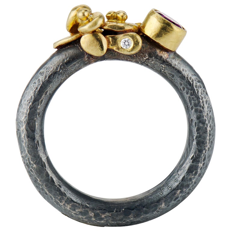 Plum Oval Sapphire Diamonds Yellow Gold Granulation Cluster Mixed Metal ...
