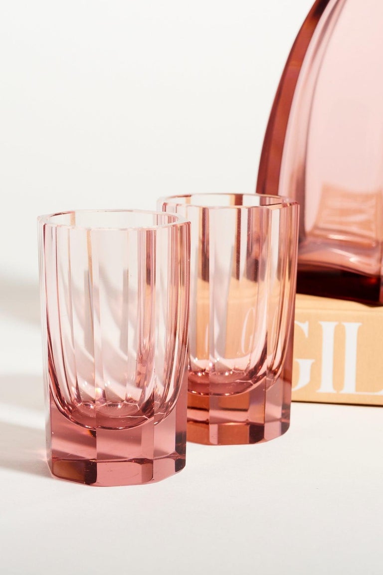 Plum Pink Czech Glass Decanter and Pair of Glasses at 1stDibs