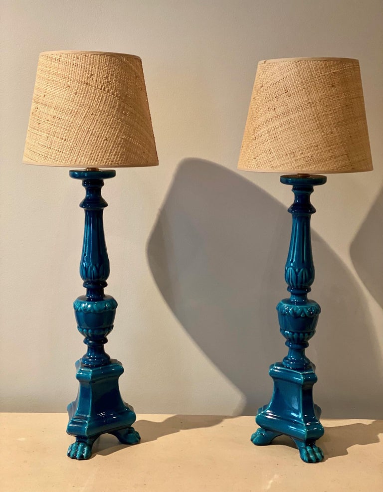 Pol Chambost 1970's Pair of Blue Ceramic lamps For Sale at 1stDibs