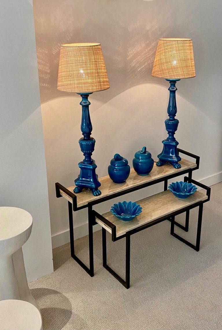 Pol Chambost 1970's Pair of Blue Ceramic lamps For Sale at 1stDibs