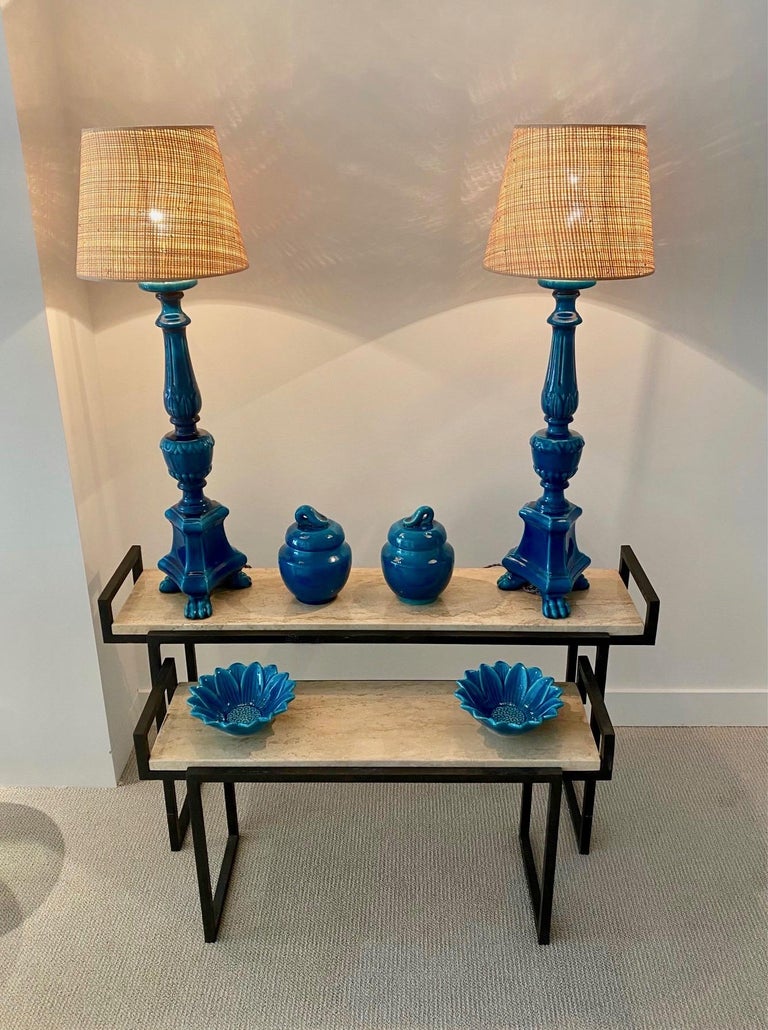 Pol Chambost 1970's Pair of Blue Ceramic lamps For Sale at 1stDibs