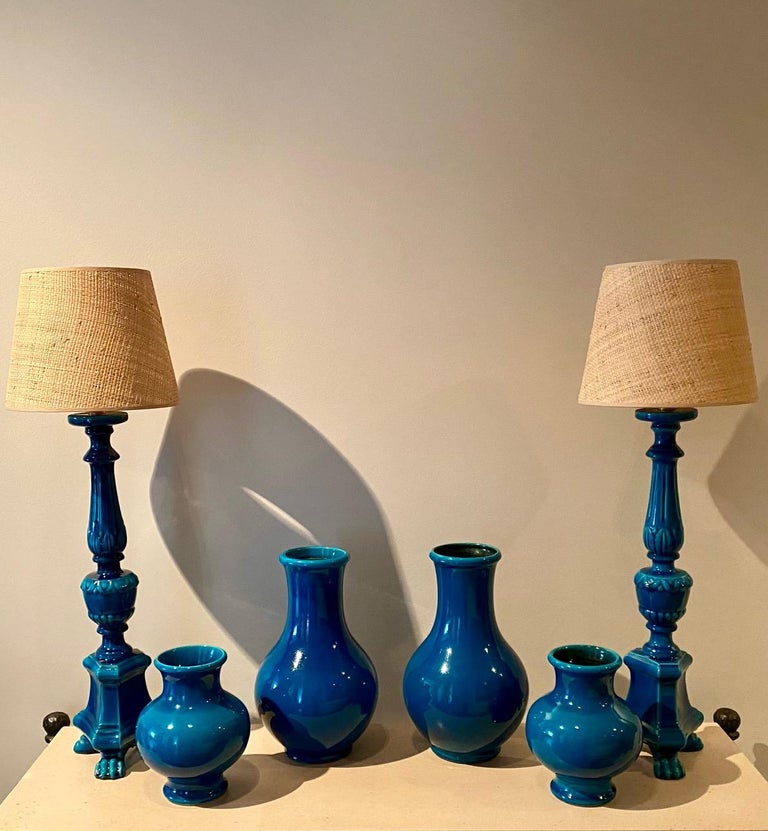 Pol Chambost 1970's Pair of Blue Ceramic lamps For Sale at 1stDibs