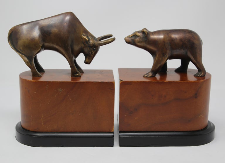 Polished Brass Bull and Bear Bookends Paperweights at 1stDibs