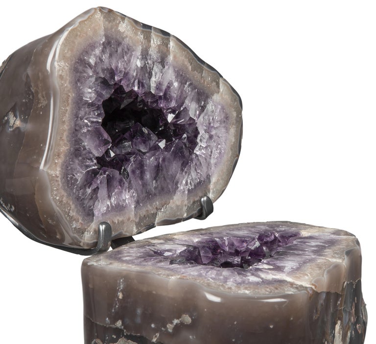 Polished Geode Split in Two with Amethyst and Agate on Metal Stand For ...