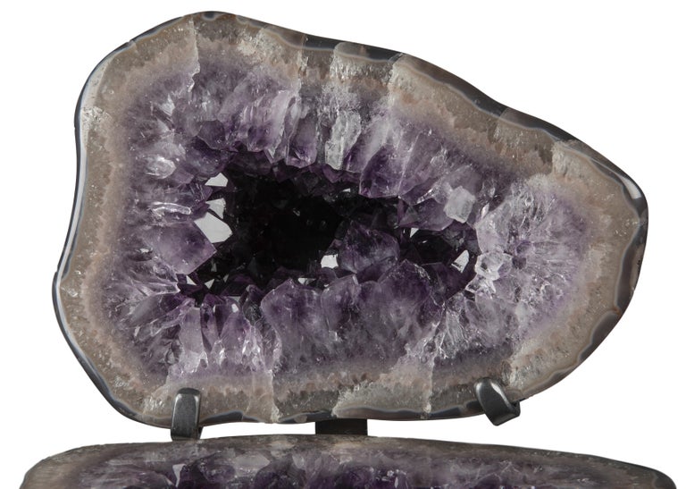 Polished Geode Split in Two with Amethyst and Agate on Metal Stand For ...