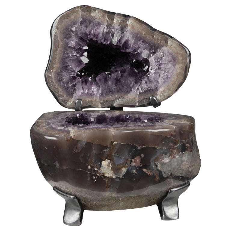 Polished Geode Split in Two with Amethyst and Agate on Metal Stand For ...