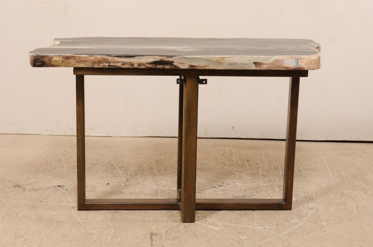 Polished Petrified Wood Slab Console Table with Nice Modern Metal Base ...