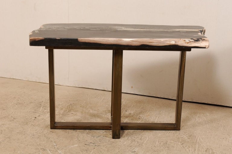 Polished Petrified Wood Slab Console Table with Nice Modern Metal Base ...