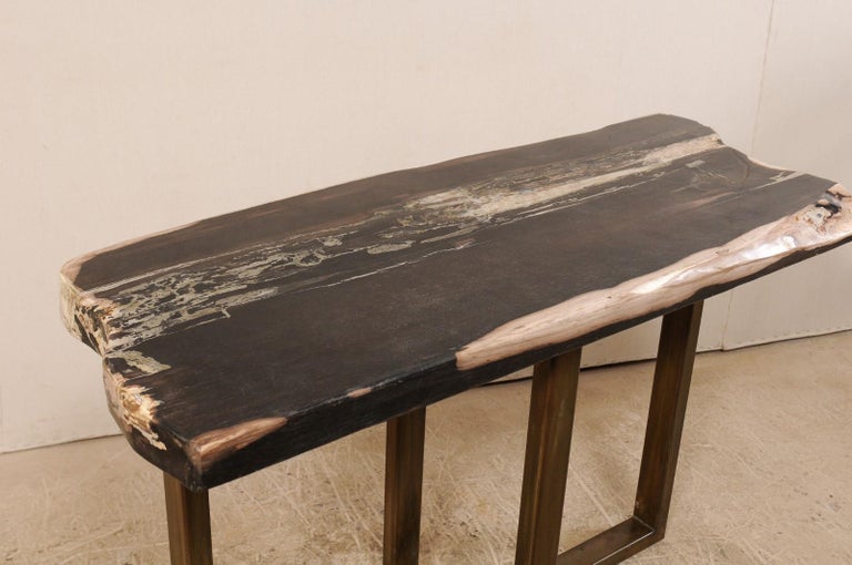 Polished Petrified Wood Slab Console Table with Nice Modern Metal Base ...