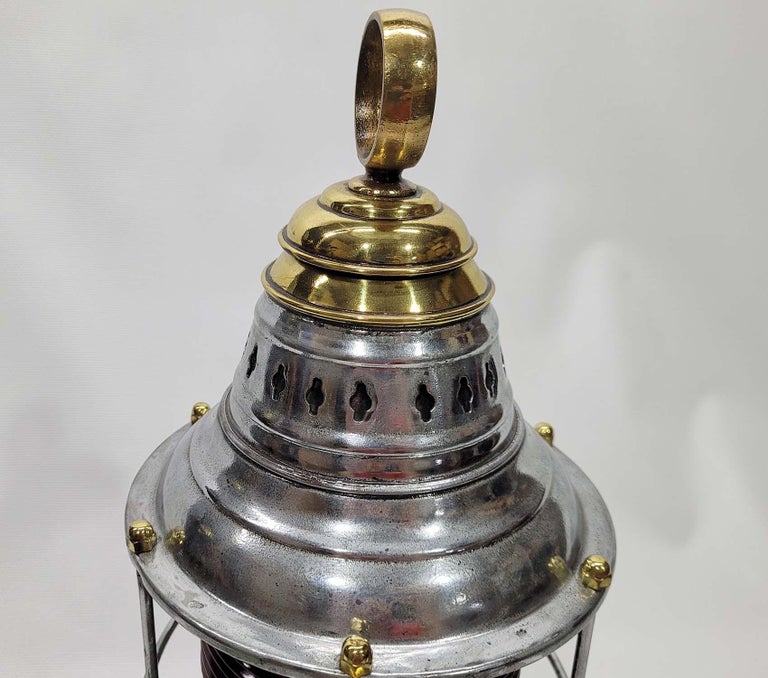 Polished Steel Ships Lantern with Ruby Red Lens For Sale at 1stDibs