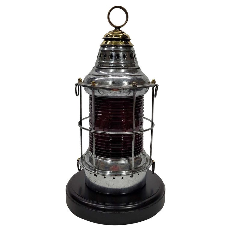 Polished Steel Ships Lantern with Ruby Red Lens For Sale at 1stDibs