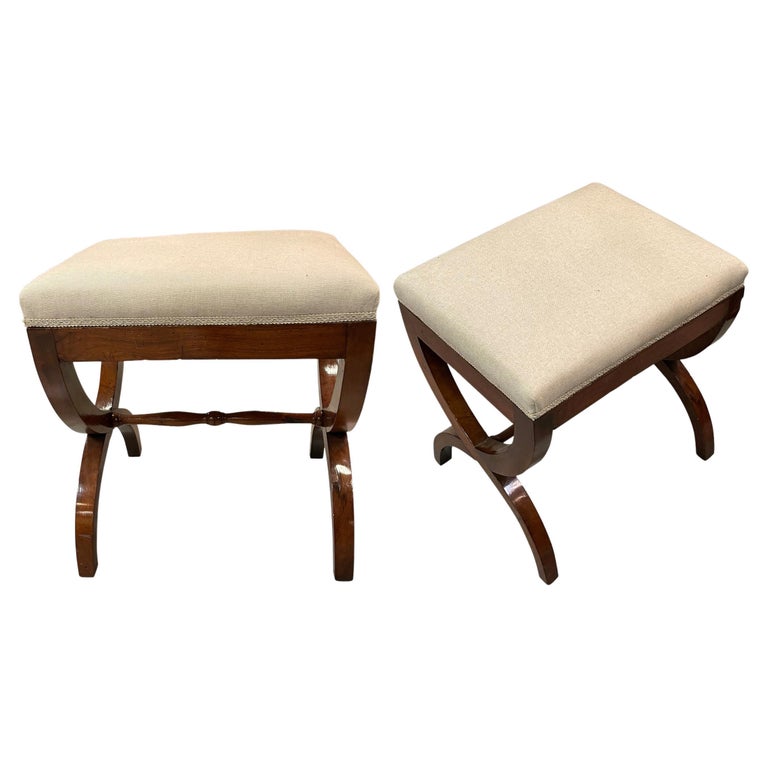 Polished Walnut Pair of X-Framed Upholstered Footstools, Italy, 19th ...