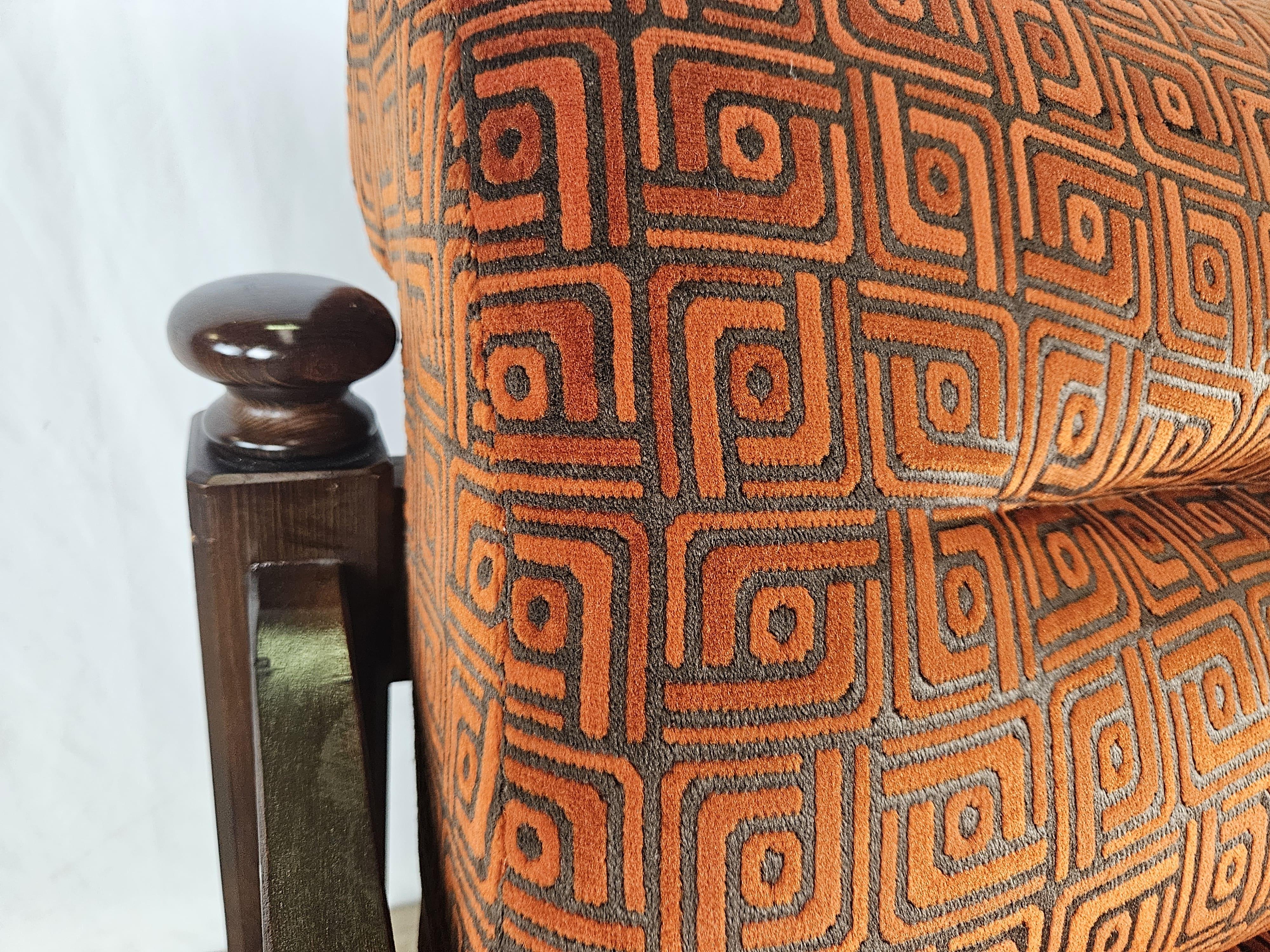 Rustic wooden armchair with designer fabric For Sale at 1stDibs