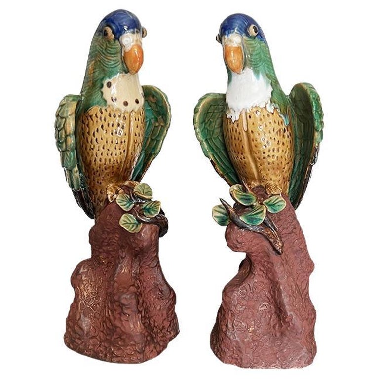 Polychrome Ceramic Majolica Parrot Figurines in Green and Blue, a Pair ...
