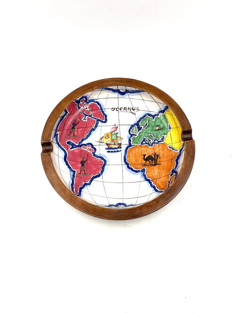 Polychrome Ceramic World Map Catchall / Ashtray, Zaccagnini, Italy ...