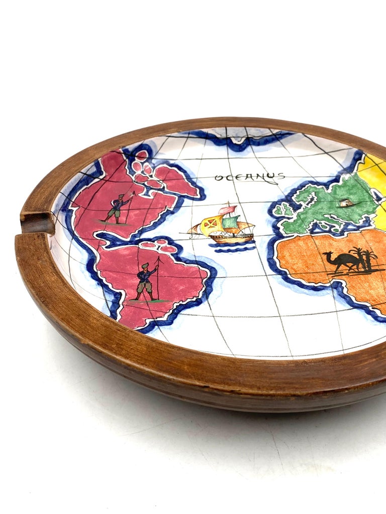 Polychrome Ceramic World Map Catchall / Ashtray, Zaccagnini, Italy ...