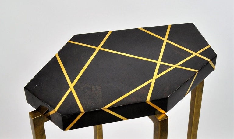 Polygonal Side Table in Black Marquetry and Brass by Ginger Brown at ...