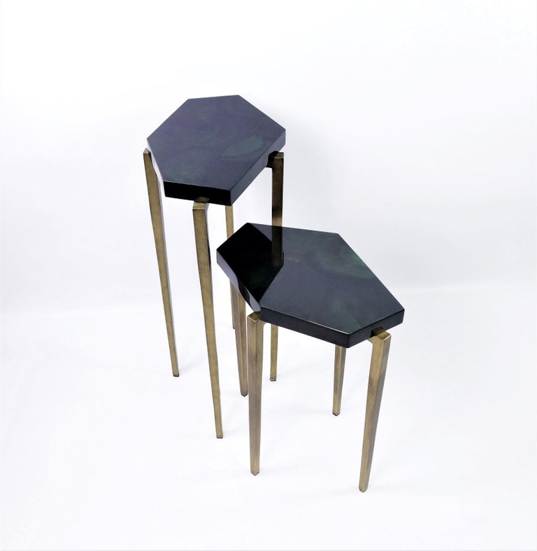 Polygonal Side Table in Black Marquetry and Brass by Ginger Brown at ...