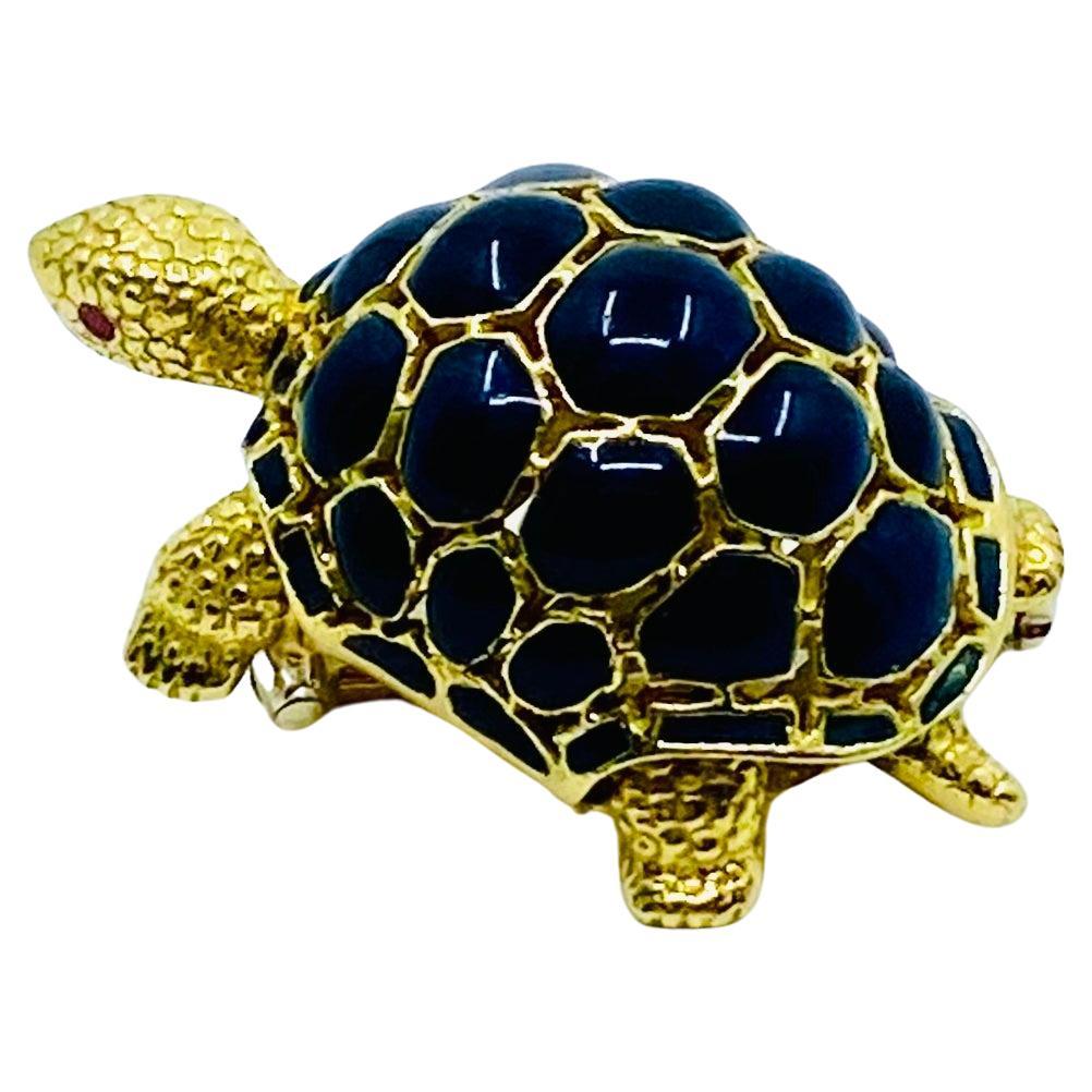 .3 Carat Diamond Blue Enamel Yellow Gold Turtle Brooch For Sale at ...