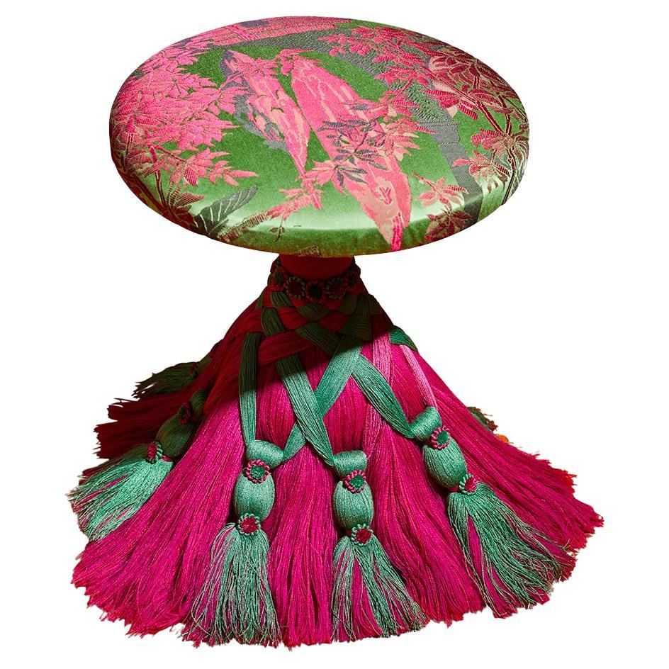 "Pompom" stool, silk fabric from Manufacture Prelle and trimmings, pink-green For Sale at 1stDibs