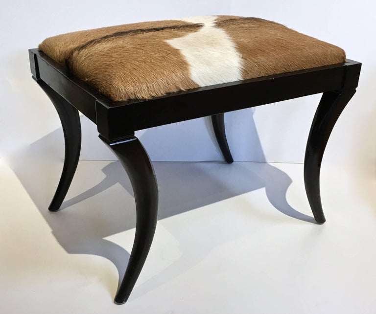 Pony Skin Upholstered Hide Bench with Saber Legs For Sale at 1stDibs