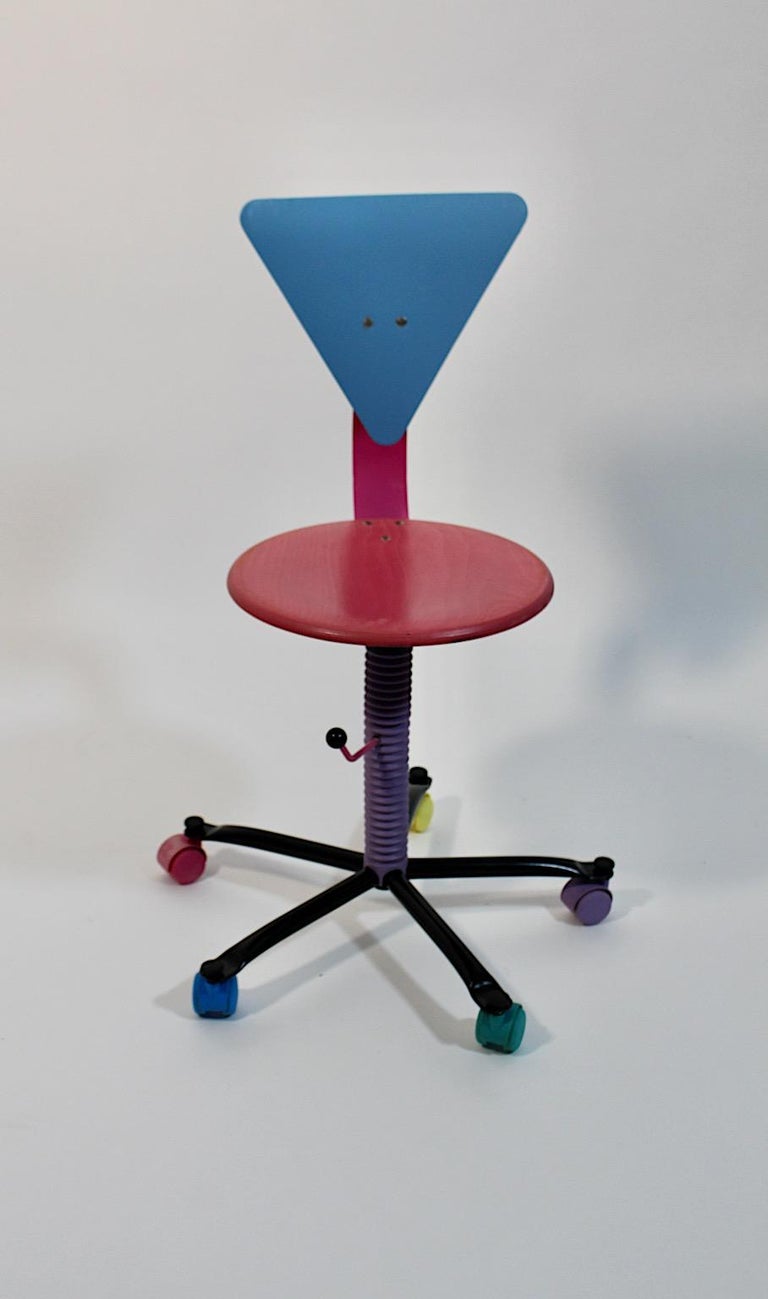 Pop Art Vintage Office Desk Chair Pink Blue Wood Metal, 1980s For Sale ...