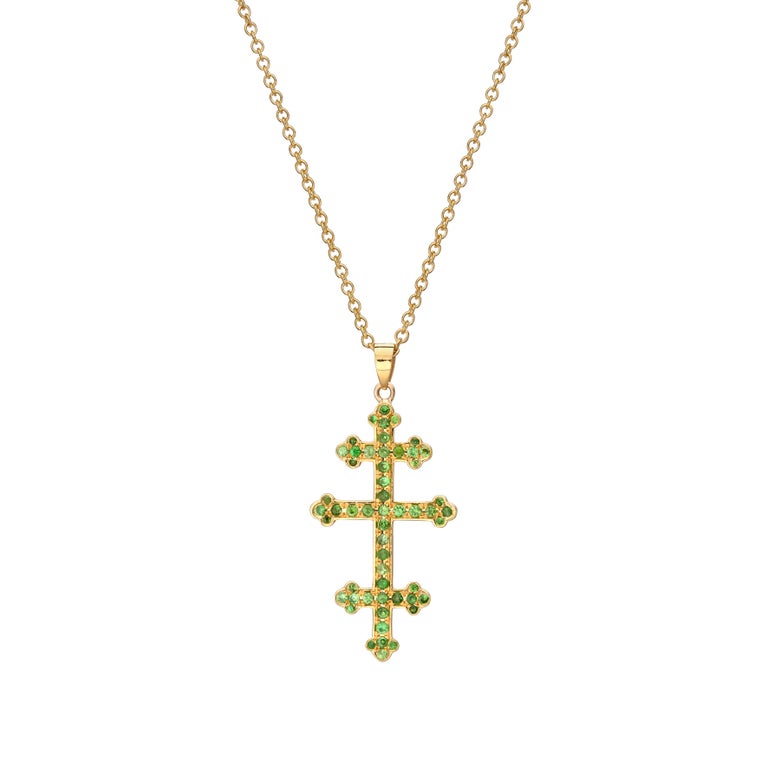 Pope's Cross Pendant Necklace 18Kt Yellow Gold with Green Tzavorite ...