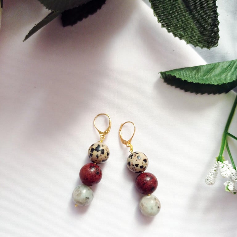 Poppy Jasper, Dalmatian Jasper and Sesame Jasper Yellow Gold Earrings ...
