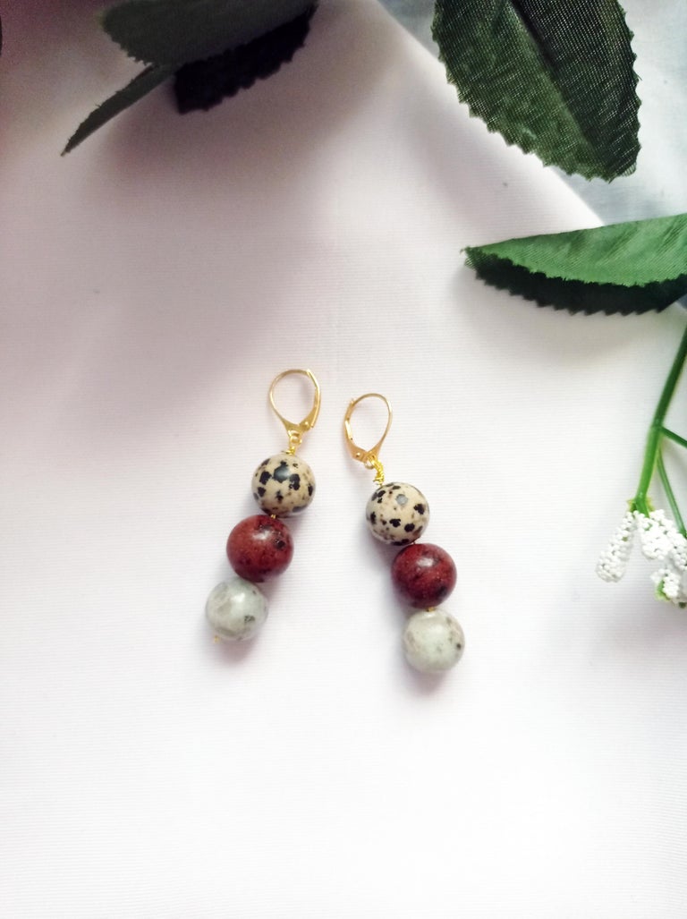 Poppy Jasper, Dalmatian Jasper and Sesame Jasper Yellow Gold Earrings ...