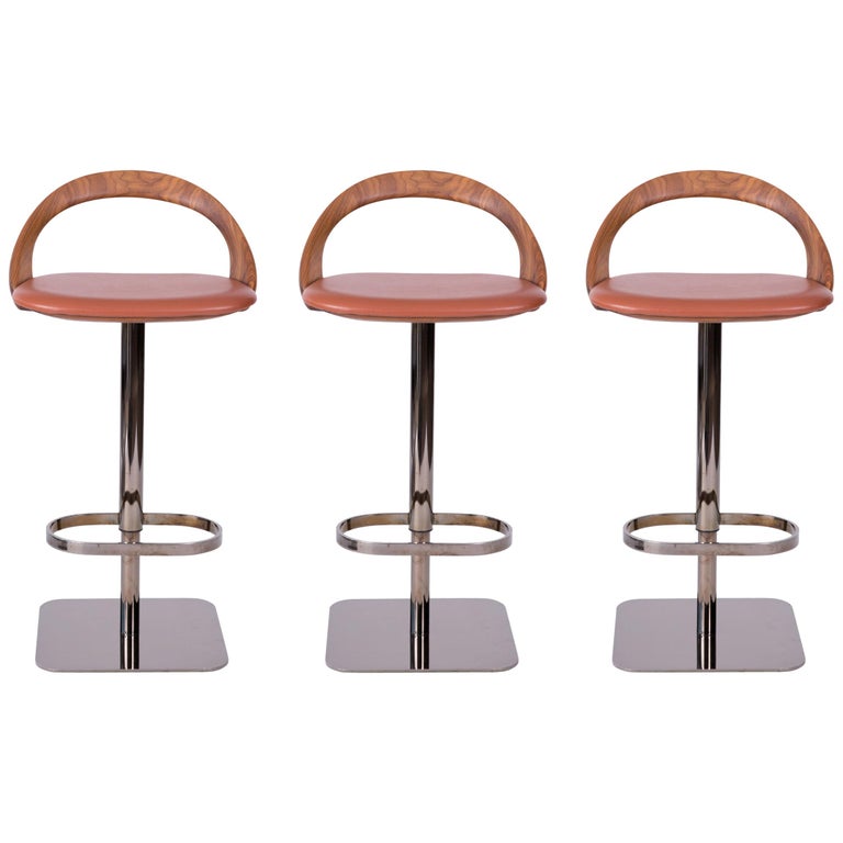 Porada Ester Sgabello Walnut, Leather and Black Chrome Barstools at 1stDibs