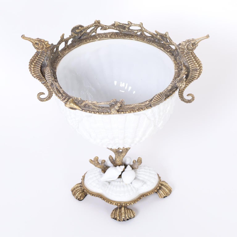 Porcelain and Brass Compote with Seahorses For Sale at 1stDibs