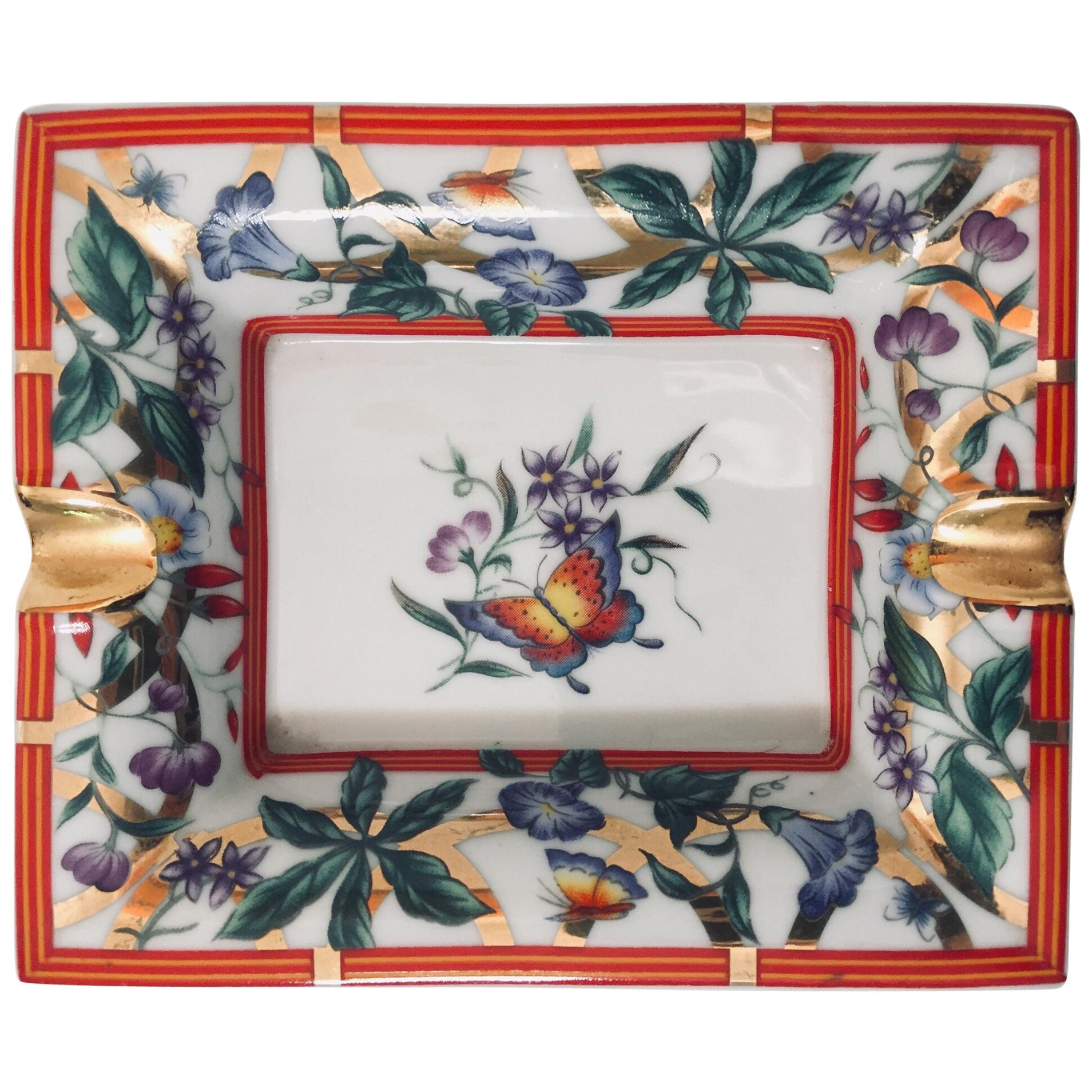 Porcelain Floral and Butterflies, Red and Gold Ashtray at 1stDibs