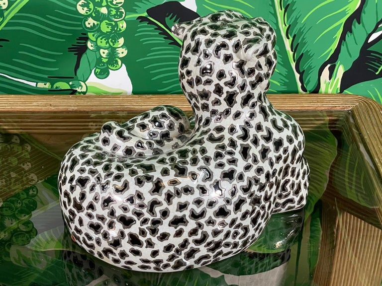Porcelain Silver and Black Leopard Statue For Sale at 1stDibs