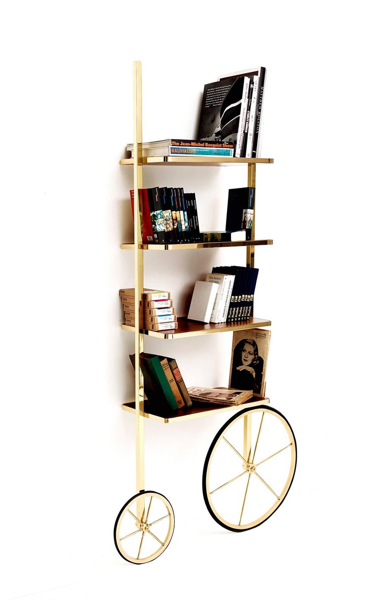 Portable Polished Brass and Mahogany Cyclopedia Bookshelf with Wheels ...
