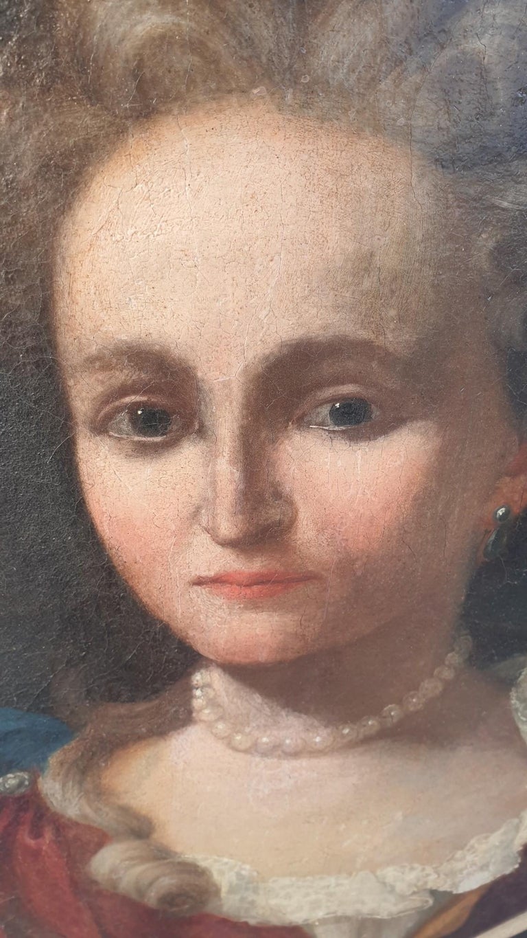 Portrait of Lady with a Fan, Framed Oval, 18th Century For Sale at 1stDibs