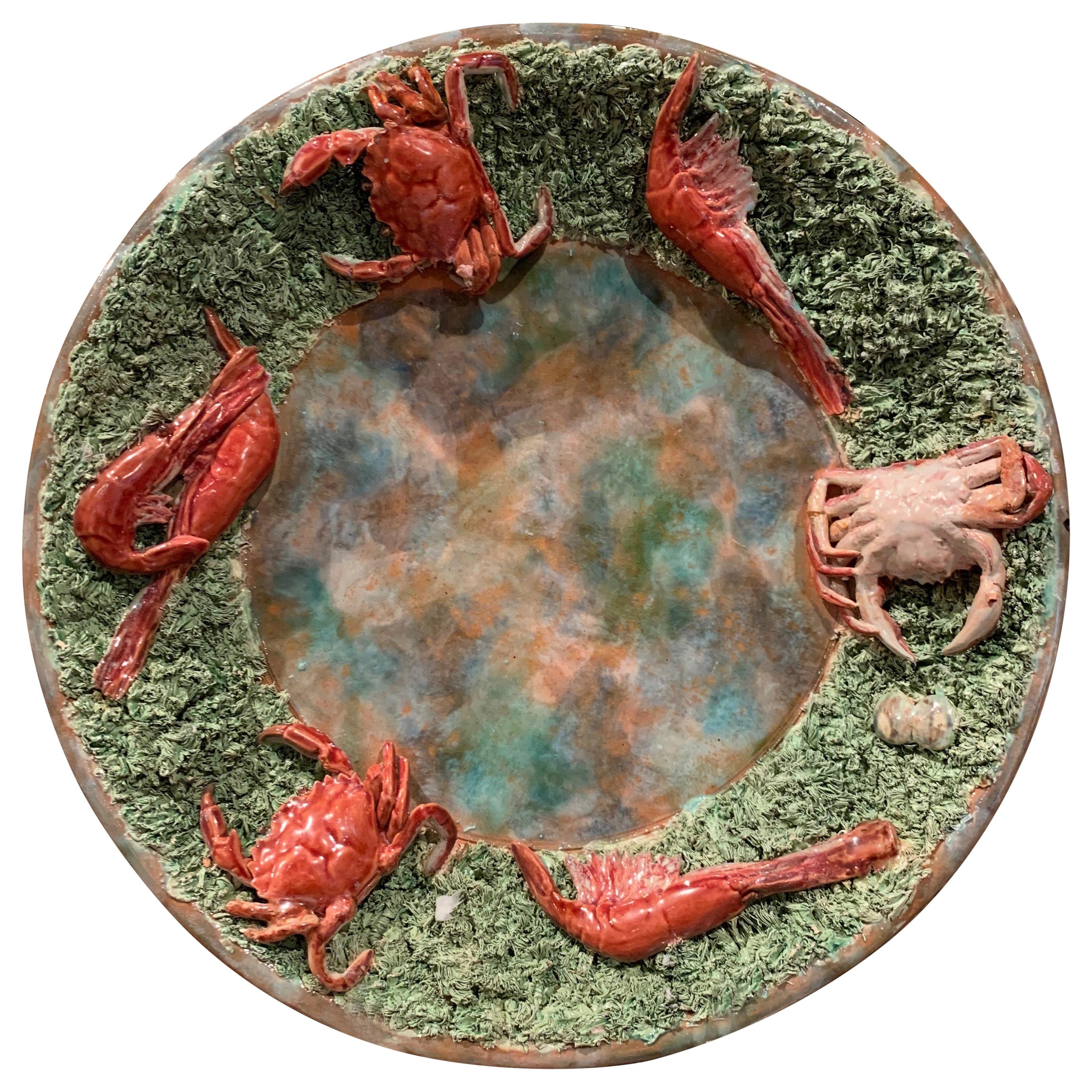 Portuguese Ceramic Barbotine Wall Hanging Platter with Crab and Shrimp ...