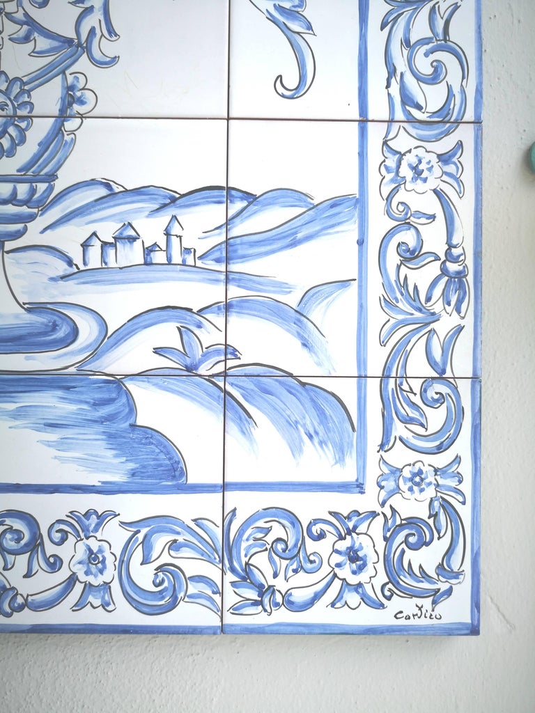 Portuguese Hand-Painted Glazed Ceramic Tile Panel at 1stDibs