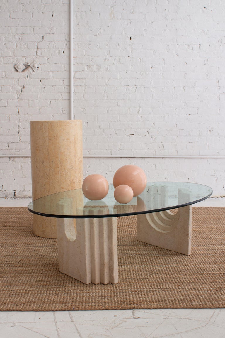 Post Modern Architectural Travertine Coffee Table With Glass Top For ...