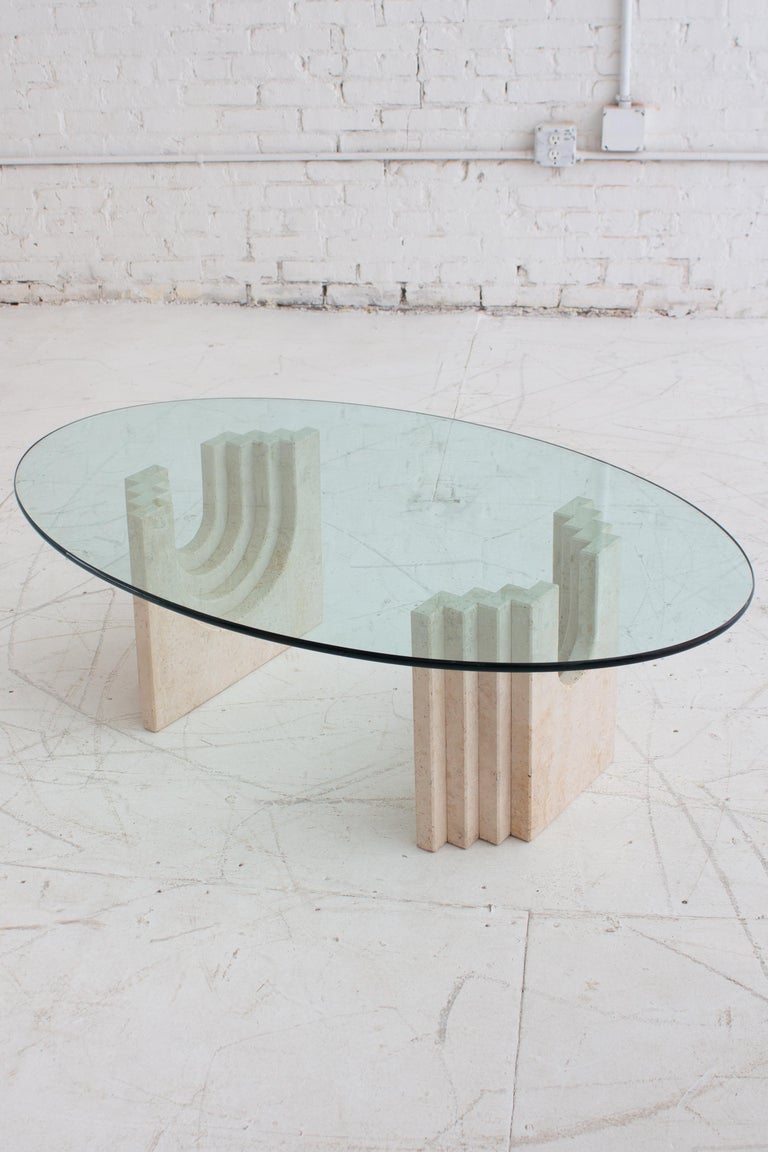 Post Modern Architectural Travertine Coffee Table With Glass Top For ...