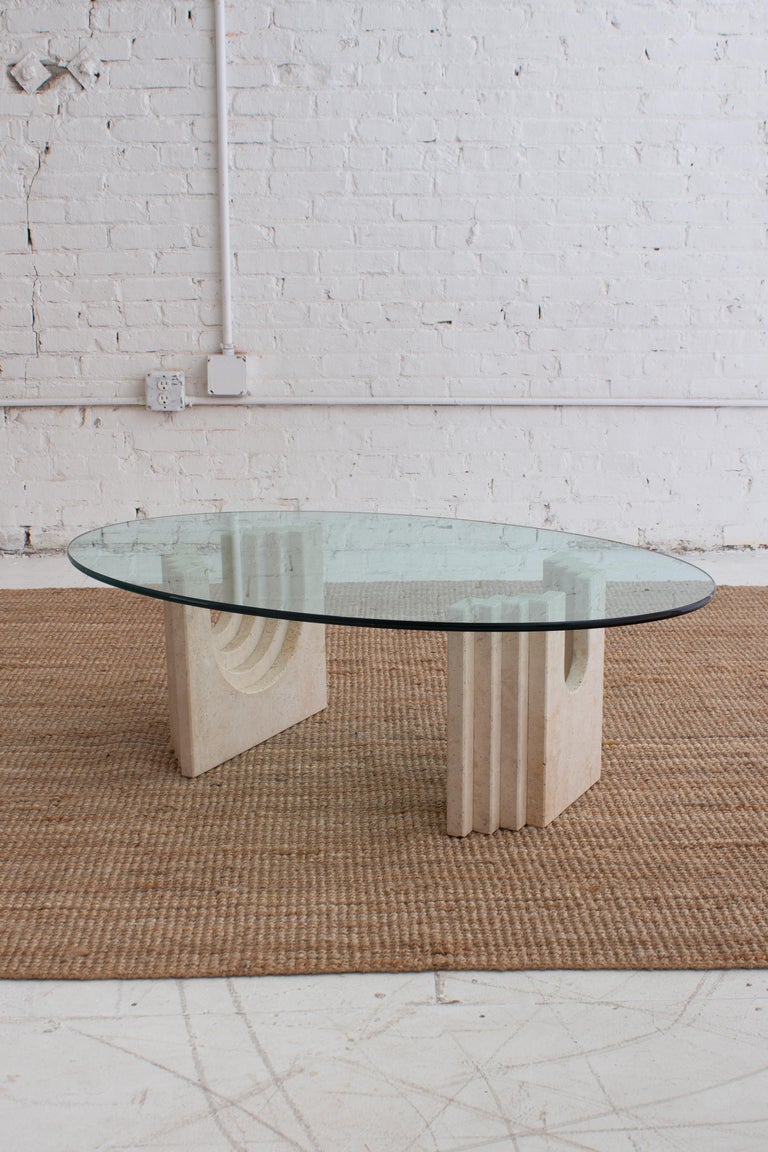 Post Modern Architectural Travertine Coffee Table With Glass Top For ...