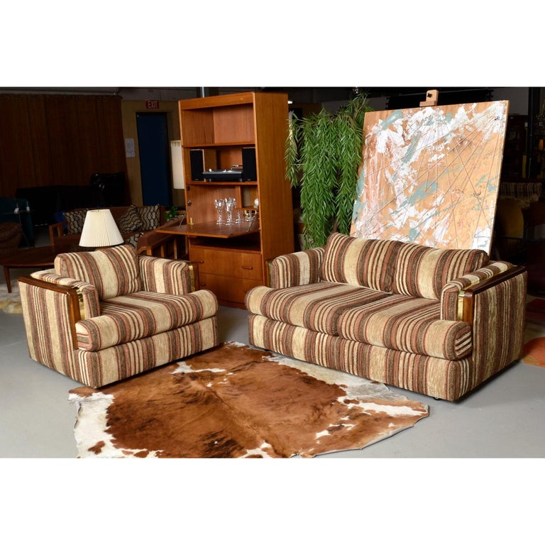 Post Modern Brown Striped Wood and Brass Accent Tuxedo Armchair For ...