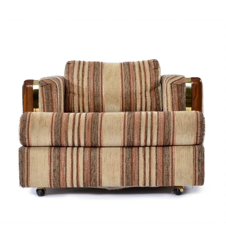 Post Modern Brown Striped Wood and Brass Accent Tuxedo Armchair For ...