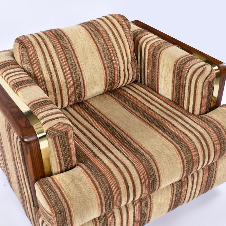 Post Modern Brown Striped Wood and Brass Accent Tuxedo Armchair For ...