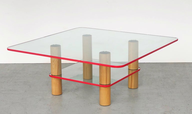 Post Modern Glass and Wood Coffee Table with Red Edge, 1980 For Sale at ...