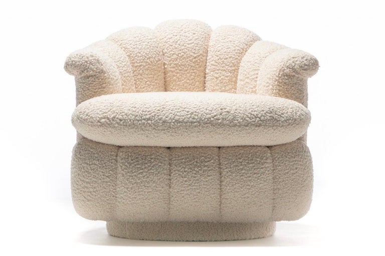 Post Modern Ivory White Bouclé Clam Shell Swivel Lounge Chairs For Sale ...