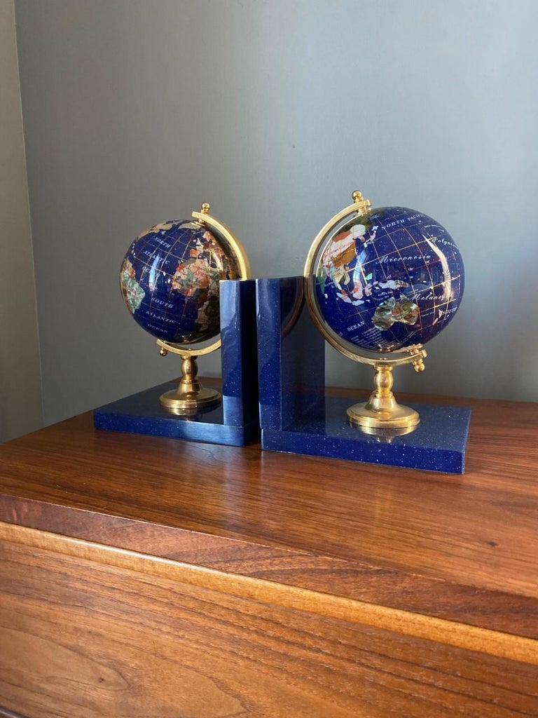 Post Modern Lapis Gemstone Revolving World Globe Bookends For Sale at 1stDibs