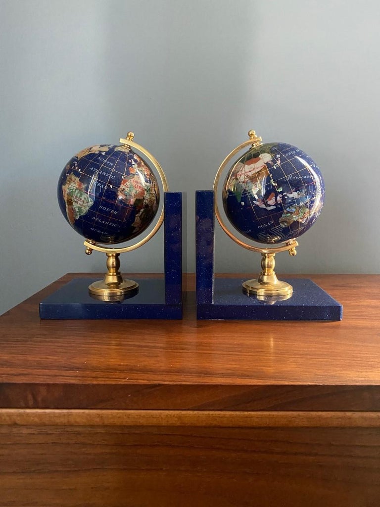Post Modern Lapis Gemstone Revolving World Globe Bookends For Sale at ...